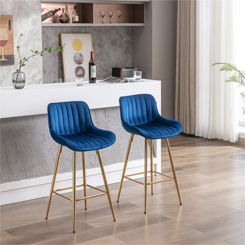 House of Hampton 26 Inch Set Of 2 Bar Stools With Steel Frame Footrest Velvet Fabric Golden Leg Simple Bar Stool Wayfair